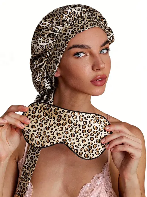 SILKSILKY 100% Mulberry Silk Bonnet And Eye Mask Set - Leopard