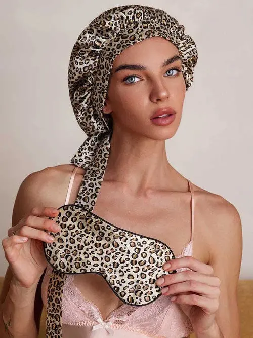 SILKSILKY 100% Mulberry Silk Bonnet And Eye Mask Set - Leopard