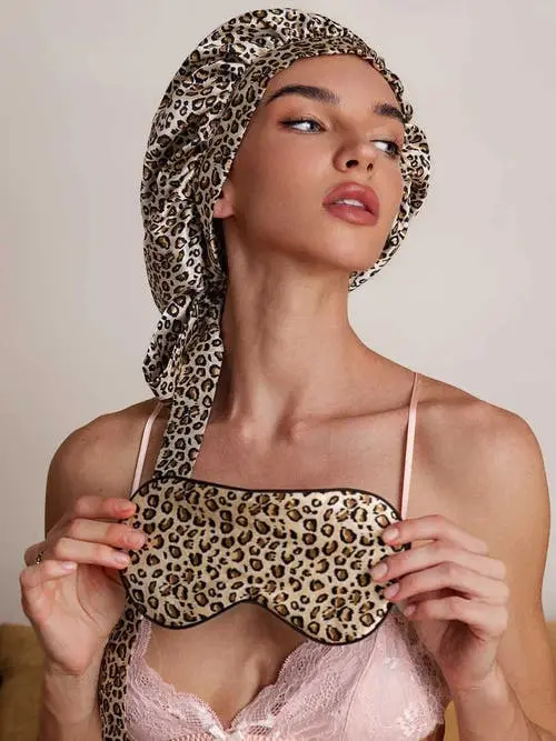 SILKSILKY 100% Mulberry Silk Bonnet And Eye Mask Set - Leopard