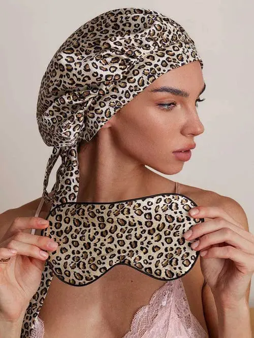SILKSILKY 100% Mulberry Silk Bonnet And Eye Mask Set - Leopard