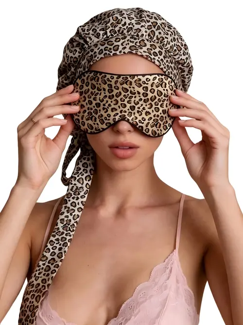 SILKSILKY 100% Mulberry Silk Bonnet And Eye Mask Set - Leopard