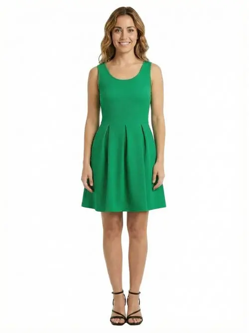 24SEVEN COMFORT APPAREL Essential Petite Scoop Neck Sleeveless Pleated Knee Length Pocket Fit N Flare Dress - Green