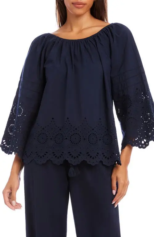 Karen Kane Eyelet Embroidery Peasant Top - Navy