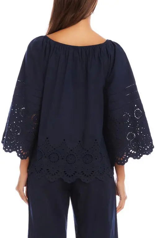 Karen Kane Eyelet Embroidery Peasant Top - Navy