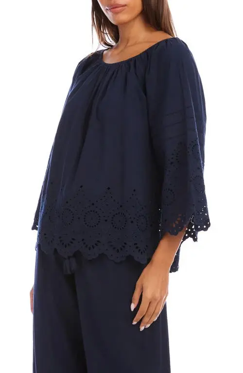 Karen Kane Eyelet Embroidery Peasant Top - Navy