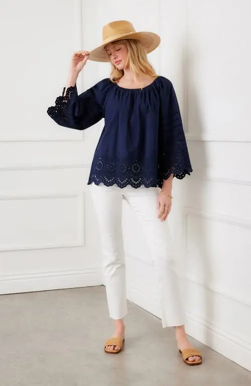 Karen Kane Eyelet Embroidery Peasant Top - Navy