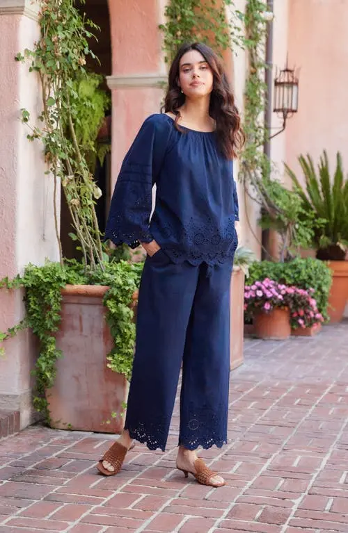 Karen Kane Eyelet Embroidery Peasant Top - Navy
