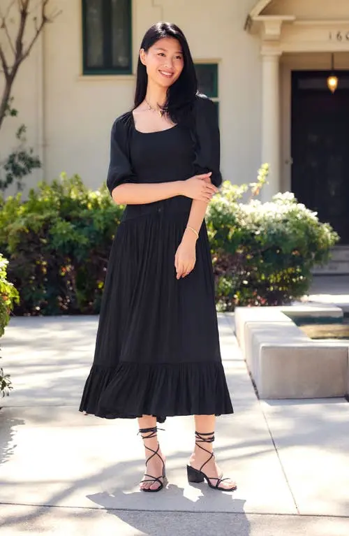 Karen Kane Smocked Balloon Sleeve Maxi Dress - Black