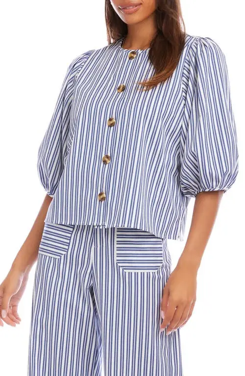 Karen Kane Puff Sleeve Button-up Shirt - Blue/white