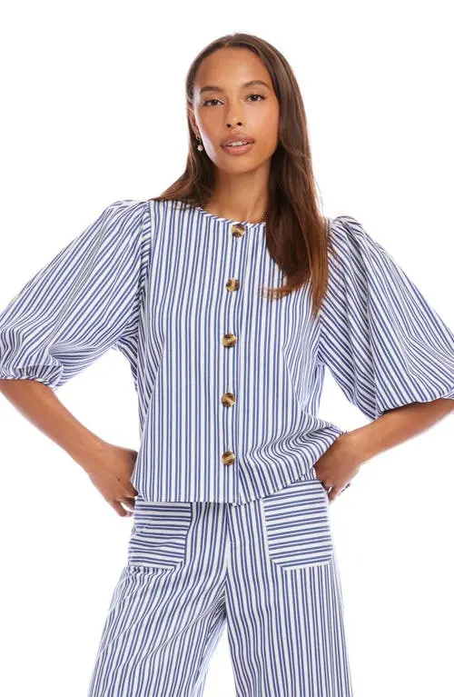 Karen Kane Puff Sleeve Button-up Shirt - Blue/white