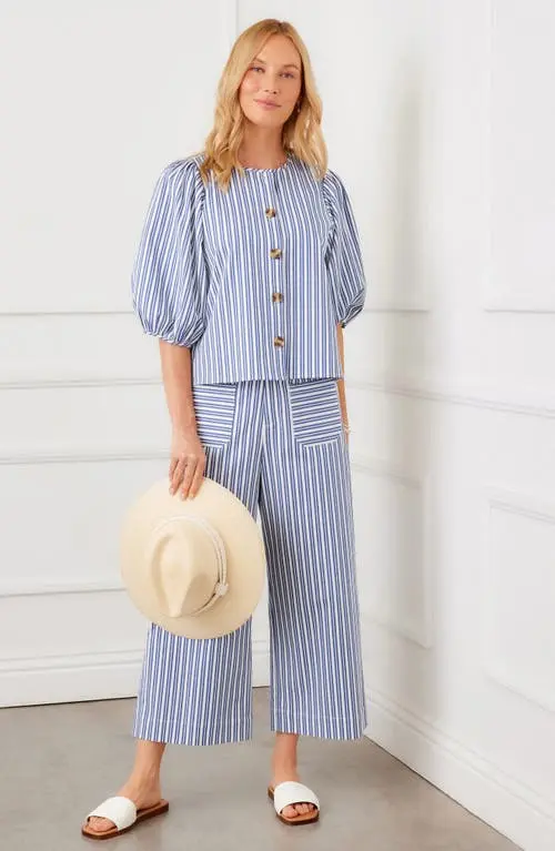 Karen Kane Puff Sleeve Button-up Shirt - Blue/white