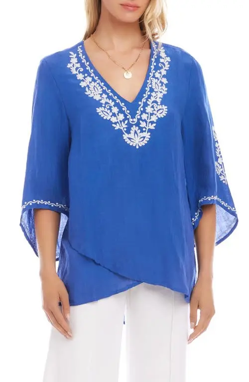 Karen Kane Embroidered Asymmetric Hem Linen Blend Top - Blue