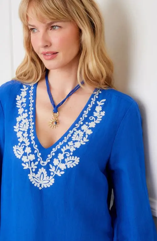Karen Kane Embroidered Asymmetric Hem Linen Blend Top - Blue
