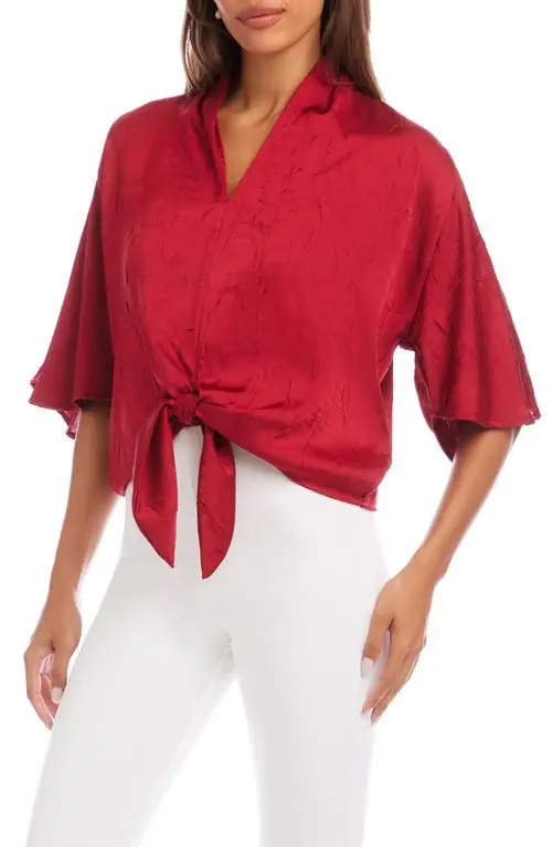 Karen Kane Flare Sleeve Tie Front Satin Top - Red