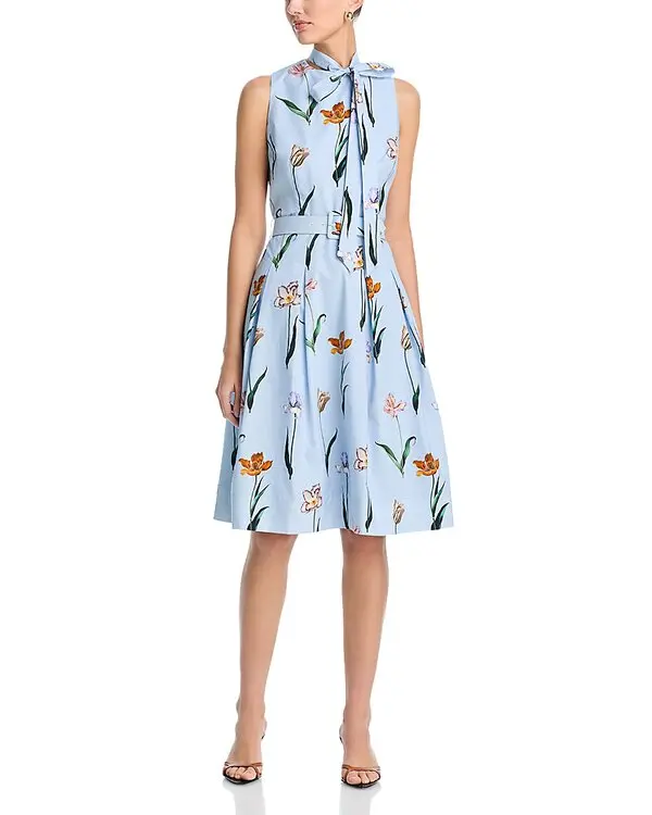 Rickie Freeman For Teri Jon Cotton Print Tie Neck Dress