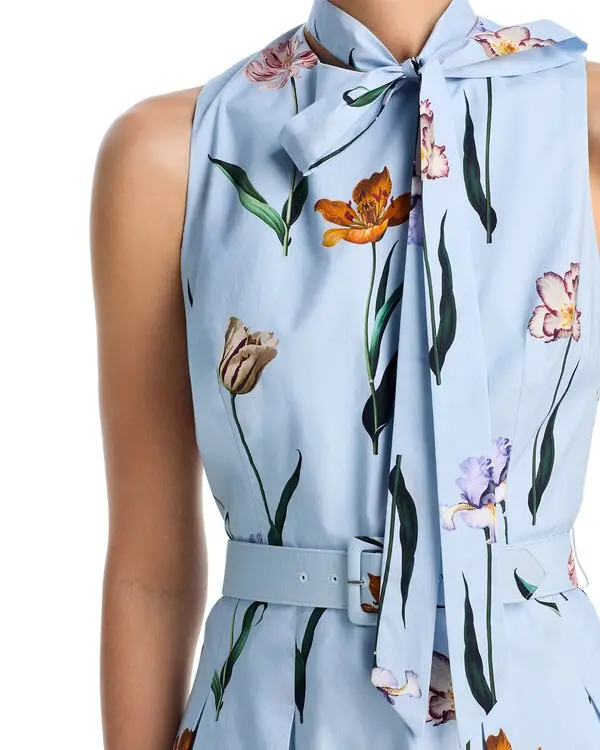 Rickie Freeman For Teri Jon Cotton Print Tie Neck Dress