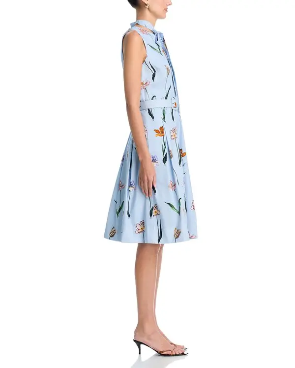 Rickie Freeman For Teri Jon Cotton Print Tie Neck Dress