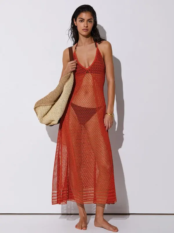 REISS Libby Crochet Beach Dress - Coral Red