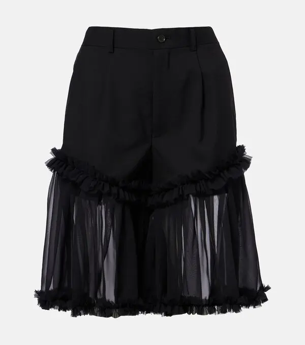 Noir Kei Ninomiya Ruffled Tulle And Wool Shorts - Black