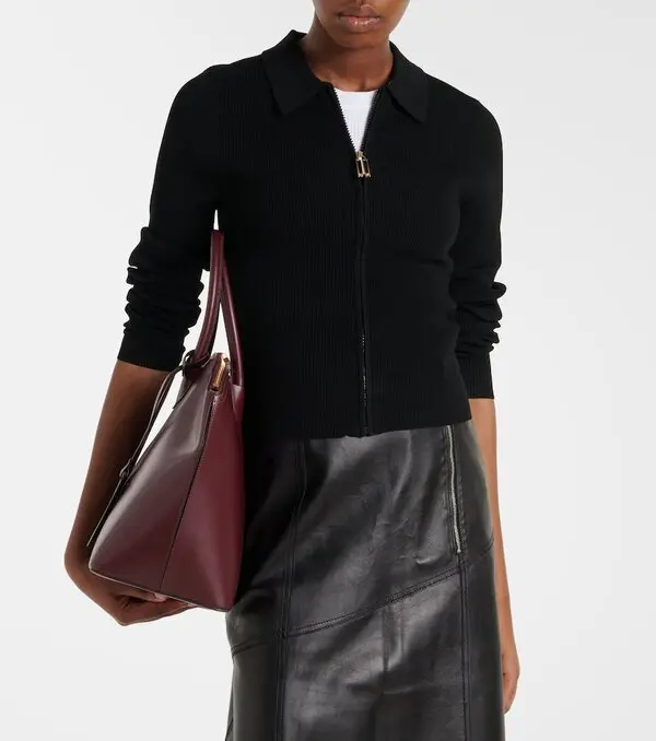 Victoria Beckham Ribbed Knit Zip-up Polo Top - Black