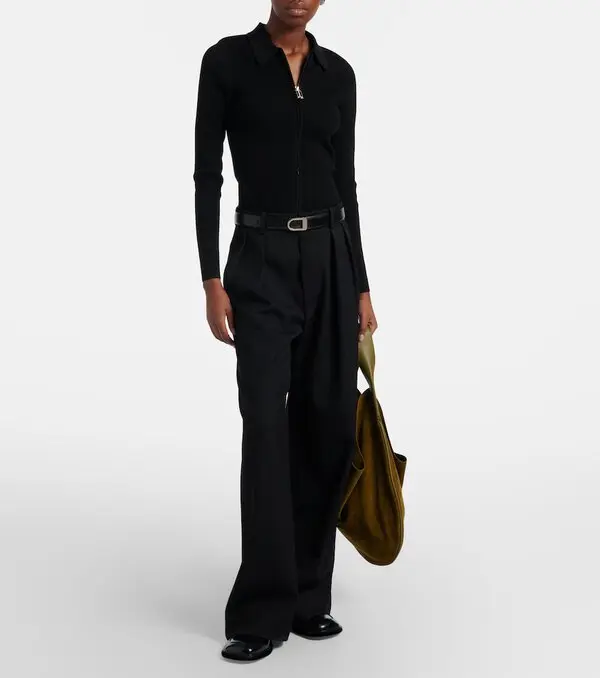 Victoria Beckham Ribbed Knit Zip-up Polo Top - Black