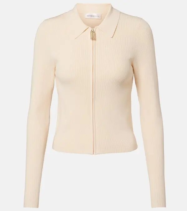 Victoria Beckham Mila Ribbed-knit Zip-up Top - Beige