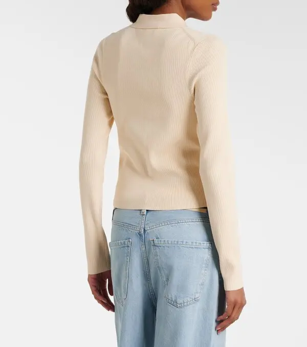 Victoria Beckham Mila Ribbed-knit Zip-up Top - Beige