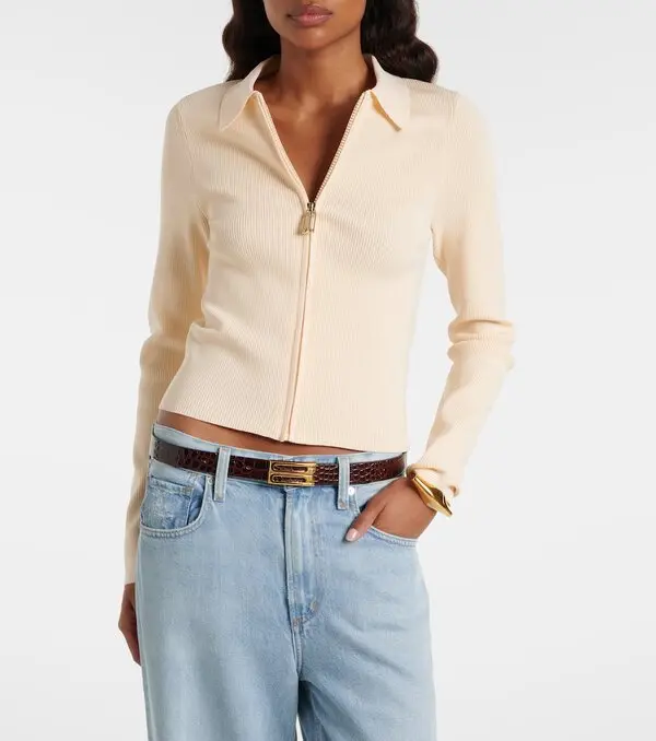 Victoria Beckham Mila Ribbed-knit Zip-up Top - Beige