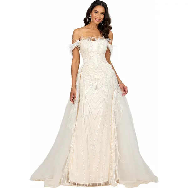 LARA NEW YORK Off Shoulder Gown With Feathers And Rhinestones - Ivory