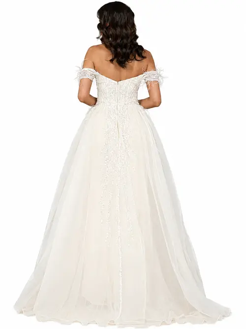 LARA NEW YORK Off Shoulder Gown With Feathers And Rhinestones - Ivory