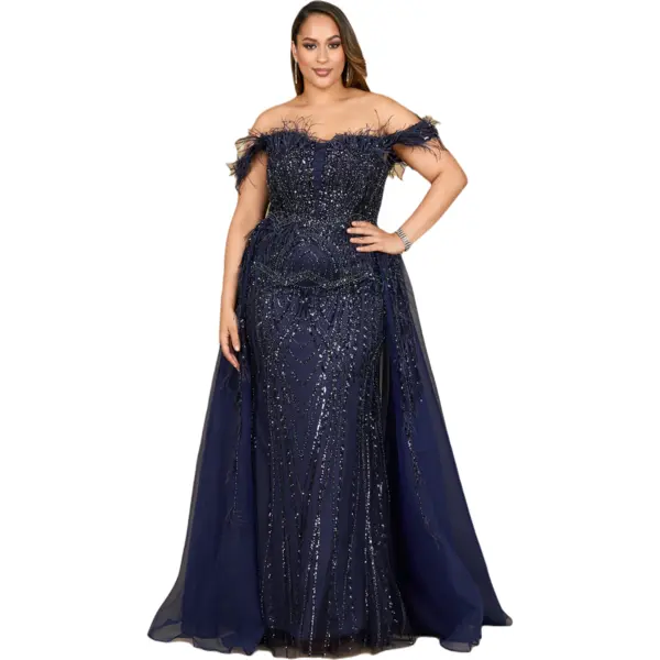 LARA NEW YORK Off-shoulder Feathered Gown - Navy