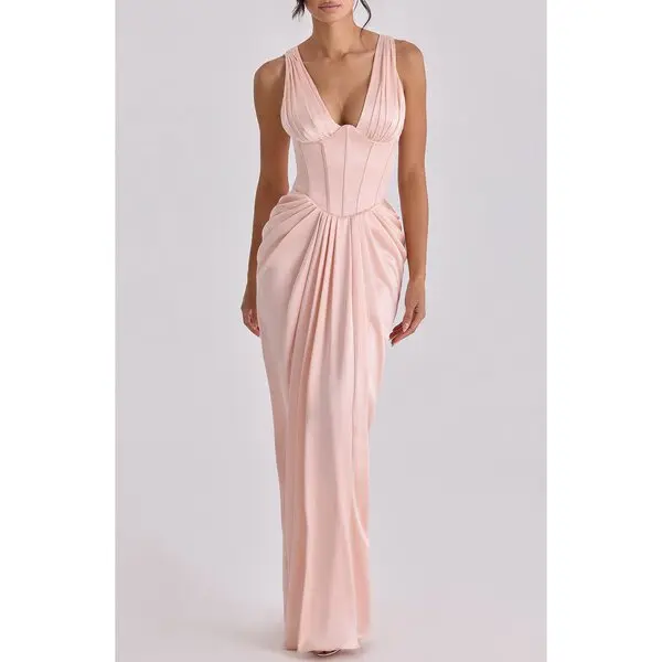 House Of Cb Angeline Sleeveless Satin Corset Gown - Blush