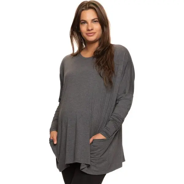 Felina Modal Span Side Drape Maternity Long Sleeve Top - Heathered Charcoal