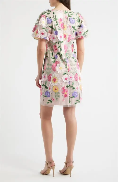 eliza j floral embroidered sheath dress Eliza J Petite Size 3D Floral Embroidered Mesh Crew Neck Short Puff Sleeve  Sheath Dress