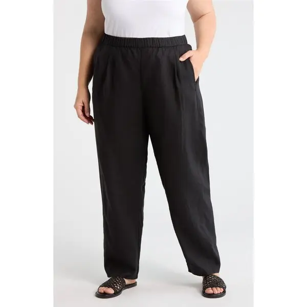 Eileen Fisher Pleated Organic Linen Ankle Lantern Pants - Black