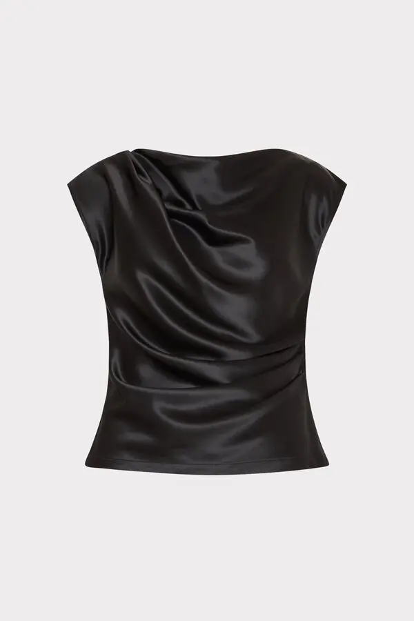 MILLY Hammered Satin Short Sleeve Top - Black