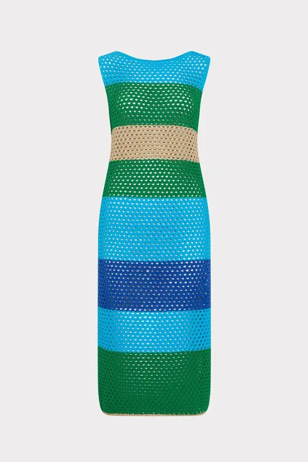 MILLY Open Stitch Boat Neck Midi Dress - Blue Green