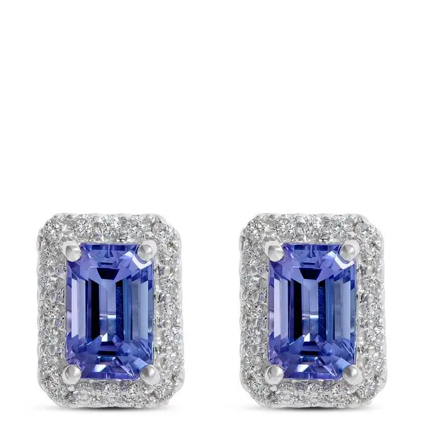 Benbridge Emerald Cut Tanzanite And Diamond Studs, 14k White Gold,wg|ts1399e - Blue