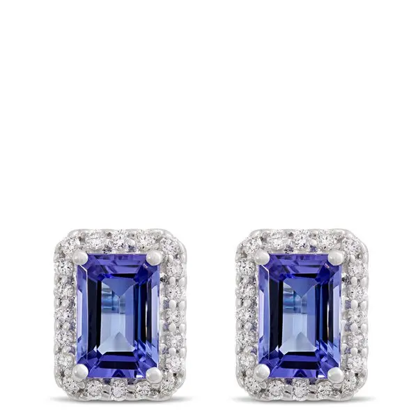 Benbridge 14k White Gold Emerald Cut Tanzanite And Diamond Stud Earrings - Blue