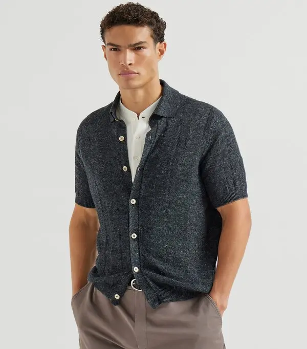 Brunello Cucinelli Rib Knit Linen-cotton Polo Sweater