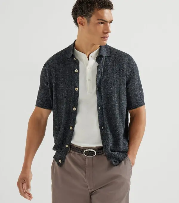 Brunello Cucinelli Rib Knit Linen-cotton Polo Sweater