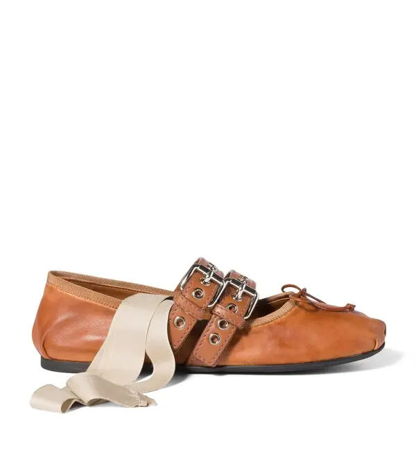 Miu Miu Nappa Leather Buckled Ballerina Flats - Brown