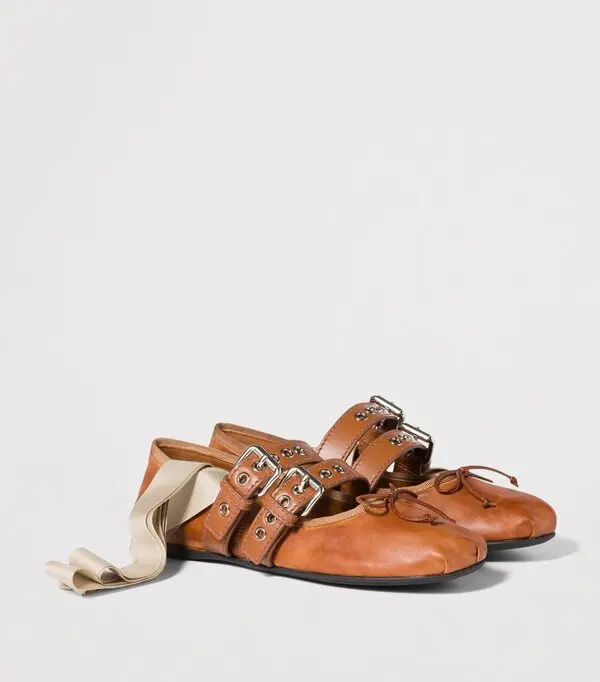 Miu Miu Nappa Leather Buckled Ballerina Flats - Brown
