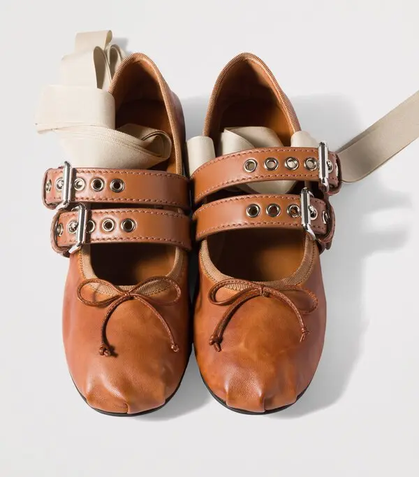 Miu Miu Nappa Leather Buckled Ballerina Flats - Brown