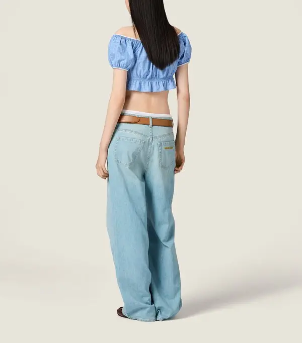 Miu Miu Cotton Poplin Check Puff Sleeve Crop Top - Turquoise