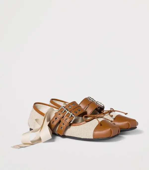 Miu Miu Canvas Leather-strap Ballet Flats - Neutral