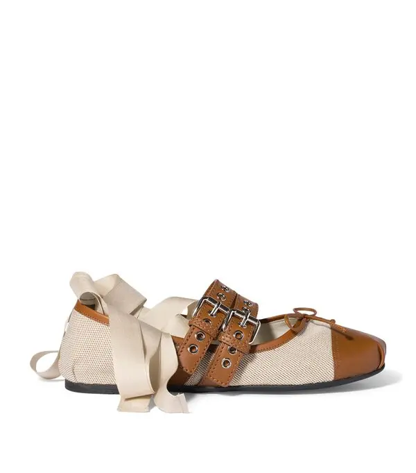 Miu Miu Canvas Leather-strap Ballet Flats - Neutral