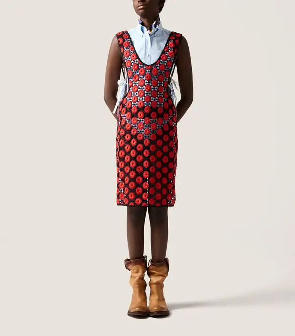 Miu Miu Macramé Apron Midi Dress - Red