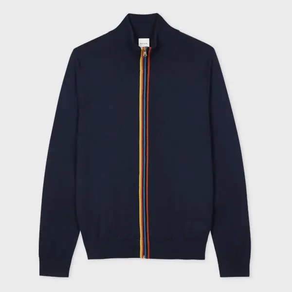 Paul Smith Artist Stripe Zip-through Merino Wool Cardigan - Blue