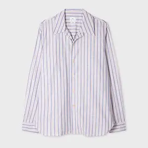 Paul Smith Tan And Blue Slub Stripe Cotton Shirt